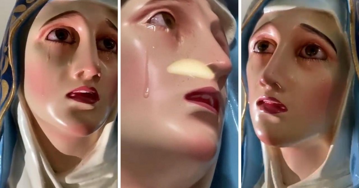 Tượng Đức Mẹ Maria rơi lệ, nước mắt lăn dài trên má khiến người đi lễ ...